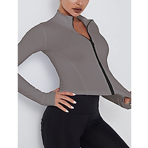 Fenclushy Womens Cropped Slim Athletic Yoga Workout Track Sports Zip Up Jacket with Thumb Holes(khaki,S)