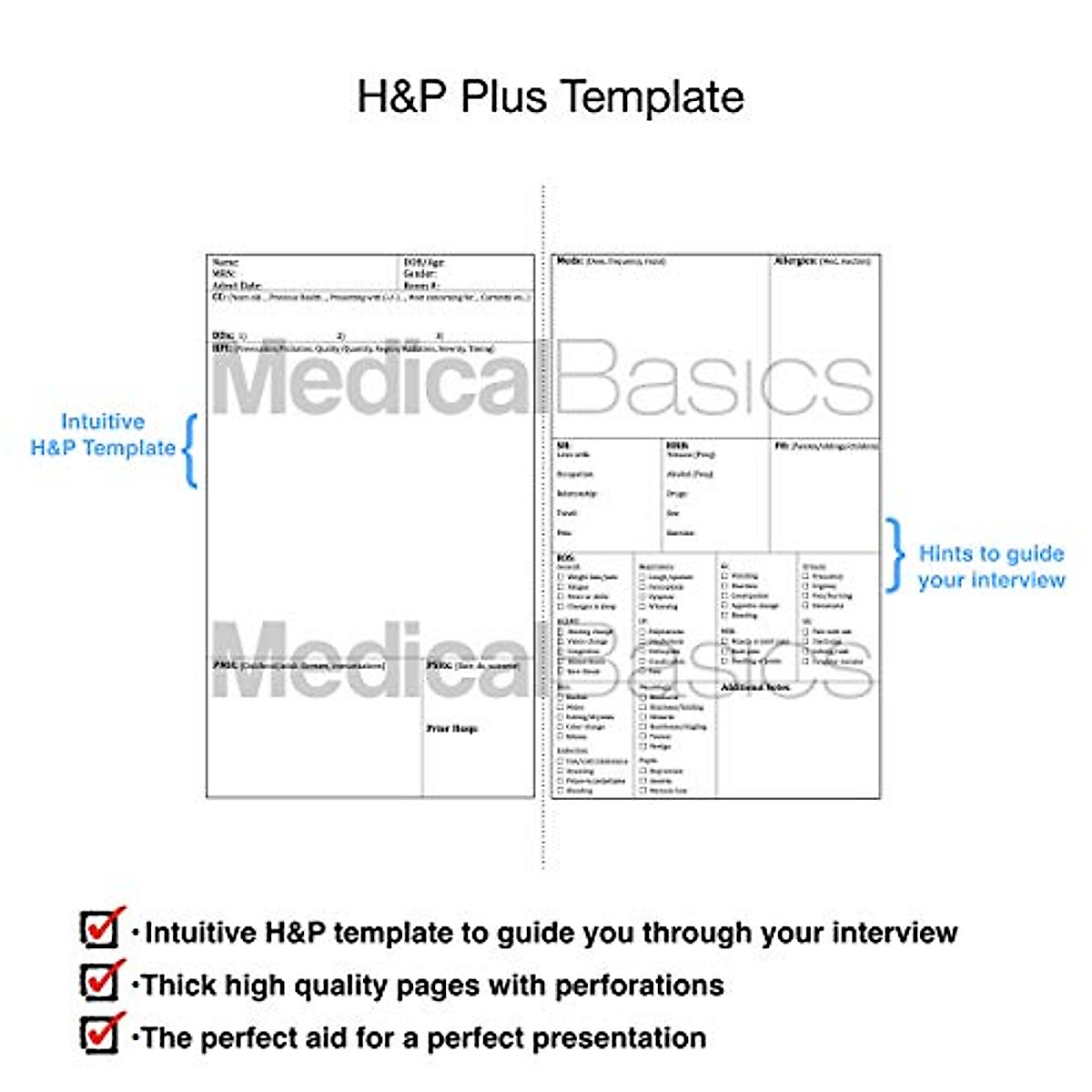 H&P notebook (Large Print) - Medical History and Physical notebook, 50 medical templates with perforations