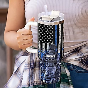Hyturtle Police Gifts Personalized Thin Blue Line Tumbler US Flag Police Academy Graduation Gifts for Men Cops Officer Retirement 40 Oz Tumbler With Lid And Straw