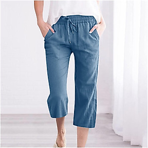 Capri Pants for Women Casual Summer Denim Capri Pants Casual 2023 Summer Drawstring Elastic High Waist Linen Pant Straight Wide Leg Cropped Trouser