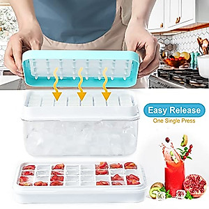 ZZWILLB Ice Cube Tray, 64 pcs Ice Tray with Lid and Bin and Ice Scoop, Ice Cube Pop Out Tray, Ice Cube Trays for Freezer, Ice Cube Molds, BPA Free, Easy Release Stackble Spill-Resistant (Blue)