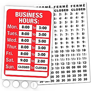 Open Signs, Business Hours Sign Kit - Bright Red and White Colors - 7.7 x 11.7 Inch - Includes 4 Double Sided Adhesive Pads and Black Number Sticker Set - Ideal Hours Of Operation Signs for Business, Store or Office