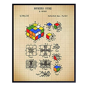 Original Rubiks Cube Puzzle Patent Art Print - Vintage Wall Art Poster - Home Decor for Kid, Teens Room, Family or Game Room, Living Room, Den, Office - Gift for Nerds, Gamers, 8x10 Unframed