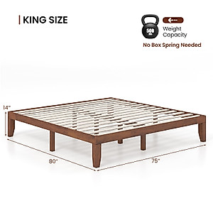 KOMFOTT 14 Inches Wood Platform Bed Frame King Size, Solid Wood Mattress Foundation with Rubber Wood Frame, Strong Poplar Wood Slat Support, No Box Spring Needed, Bed Frame (Brown Cherry)