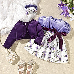 fioukiay 3-6 Months Baby Girls Dress and Velvet Cardigan Sets Infant Girls Casual Floral Print Fall Dresses Winter with Headband