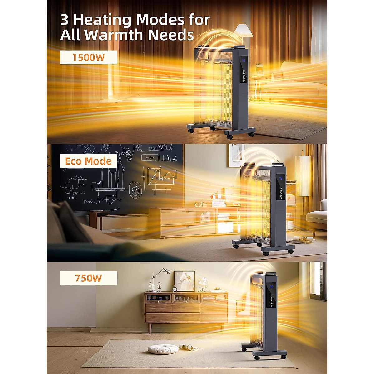 Uthfy Convection Space Heaters for Indoor Use, 1500W Quiet Mica Panel Heater for Large Room, Whole Room Electric Heater with Thermostat, ECO, Remote, Wheel, 12H Timer, Tip-Over & Overheat Protection