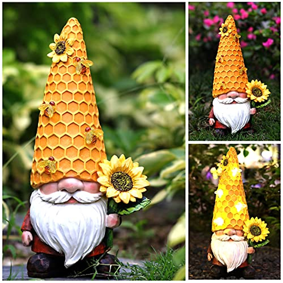 REYISO 12.3 inch Gnomes Garden Statue, Resin Sunflower Statues Gnome Figurine Solar Outdoor Decorations Art Sculpture for Patio Yard Lawn Garden Decor Lawn Ornaments Gnomes Gifts