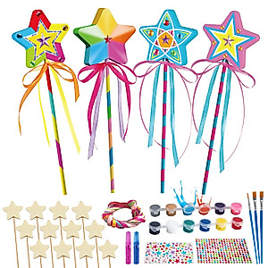 Byncceh 12 Sets Make Your Own Wooden Princess Wand Craft Kit, Fairy Wands Kit Include Fairy Wands, Gems Stickers, Paint & Ribbons Decorate Art DIY Magical Show for Party Supplies for Girls Gifts