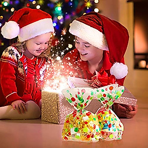 50 Counts 15 x 25 cm Flat Clear Cellophane Treat Bags Block Bottom Pumpkin Halloween Patterned Storage Bags Sweet Bags With 300 Pieces Twist Ties For Halloween Christmas Party Favor (Red Green Dot)