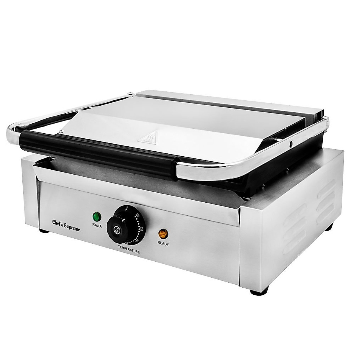 Chef Supreme Commercial Panini Press, 120V 2200W Non-Stick Cast Iron Flat Plate, Stainless Steel with Temperature Control 120F - 570F, Perfect for Hamburgers, Steaks, Vegetables, Breakfast, Sandwiches