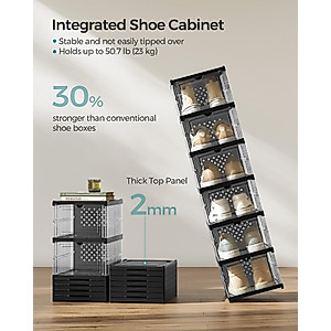 SONGMICS Foldable Shoe Boxes, Pack of 18 Stackable Shoe Storage Organizer, Set of 3 Integraed Shoe Cabinets, Portable, Fit up to US Size 13, 60s Assembly, Transparent and Ink Black ULSP207B01