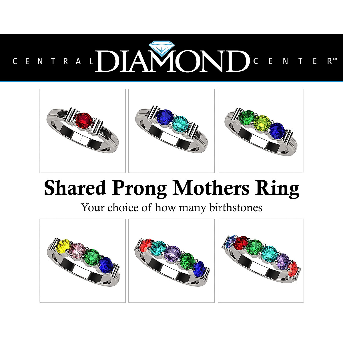 Central Diamond Center Shared Prong Mothers Birthstone Family Ring with 1-6 Birthstones, Birthstone 1, Size 7.5