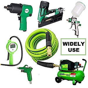 YOTOO Air Hose 1/4 in x 25 ft, Heavy Duty Hybrid Air Compressor Hose, Flexible, Lightweight, Kink Resistant with 1/4" Industrial Quick Coupler Fittings, Bend Restrictors, Green+Blue