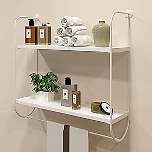 WELLAND 2-Tier Wall Mounted Bathroom Shelf with Towel Rack, 17" White Floating Shelves Towel Shelves Over Toilet Storage Shelving for Bathroom, Living Room, Kitchen