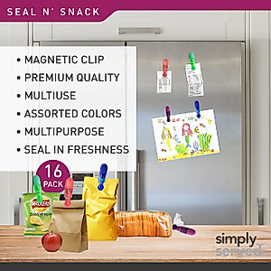 Simply Served Seal N Snack Multipurpose Clips Food Saving Chip Bag Sealers with Magnet Backs, 16 Pack, Colors may vary