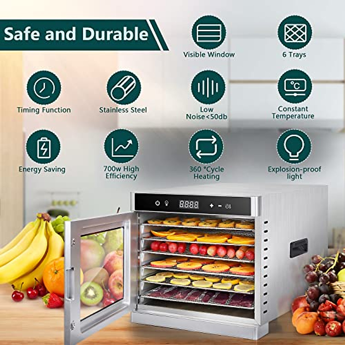 COMKERI Food Dehydrator 6 Trays for Food Jerky, Fruit, Meat, Dog Treats, Herbs, Flower Tea, Vegetables, Durable Food-grade Stainless Steel Dehydrator Machine with 110V/700W