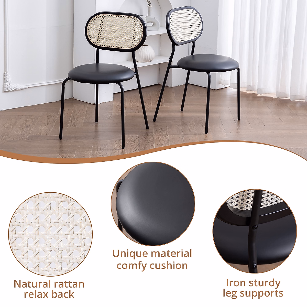 Centiar Velvet Faux Leather Dining Chair Set of 4,Rattan and Wood Backrest with Metal Legs,Modern Mid-Century Industrial Upholstered Round seat Chairs Suitable for Home,Bistro Coffee Shops,18",Black