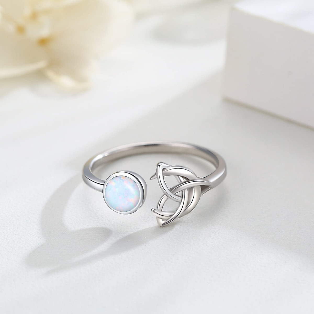 TUGHRA White Opal Ring Birthstone Statement Rings Celtic Knot Moon Ring 925 Sterling Silver Crescent Moon Ring Open Adjustable Rings Jewelry Gift for Women Teen Wife Birthday Present Jewelry