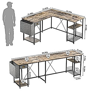X-cosrack 88.5inch L-Shaped Computer Desk with Storage Shelves Drawer, Home Office Writing Corner Desk, 2 Person Long Desk PC Laptop Workstation with Hooks Storage Bag Cable Hole