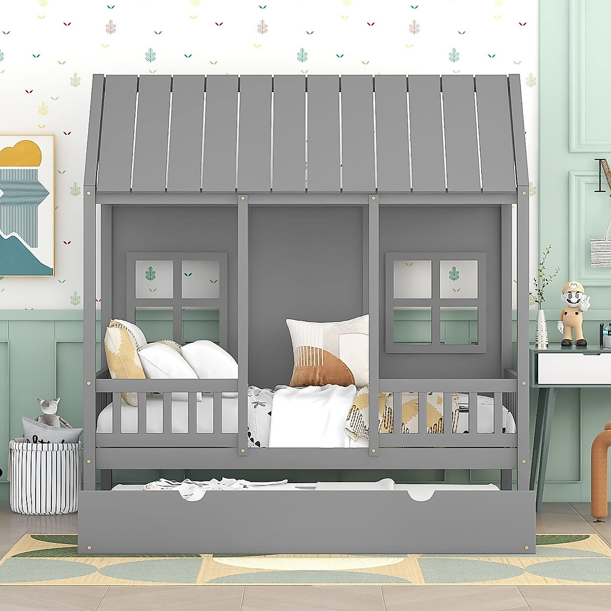 Bellemave Twin House Beds with Trundle for Kids Montessori Bed Wood Playhouse Tent Bed Frame for Girls Boys, Twin Size , Gray