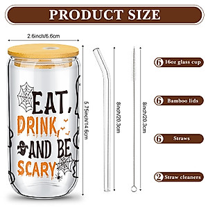 meekoo 6 Pcs Halloween Glass Cups 16 oz Iced Coffee Cups Pumpkins Bat Ghost Beer Tumblers with Lids and Straws Spooky Mug Mason Jar Glass for Halloween Party(Classic)