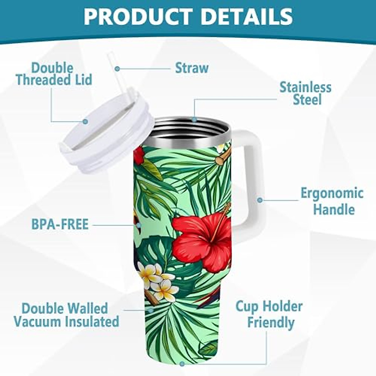 Burbuja Toucans Hibiscus 40oz Insulated Tumblers with Handle and Straw Lid, Double Wall Stainless Steel Travel Mug Leak-Proof, BPA Free, Gift for Mom Dad