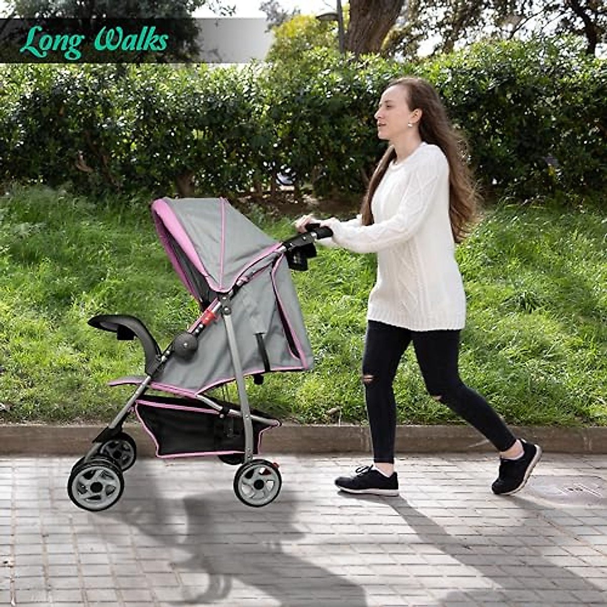 AmorosO Single Stroller - Baby Stroller with Four Wheels - Lightweight Stroller - Convertible Stroller with Extra Storage Space - Foldable Stroller with Sun Protection Hood Cover (Pink/Grey)