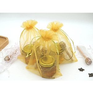 Mini Hexagonal Honey Jars - 2 oz 15 Pack Little Glass Honey Jar - Glass Honey Jars with Wooden Dippers, Bee Charms, Jutes and Gold Gift Bags - Honey Jars for Baby Shower, Wedding Party Favors