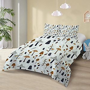 YULEEE Mushroom Duvet Cover Twin Size - Green Bedding Set, Floral and Plants Comforter Cover Set with Zipper Closure for Woman Adult Girls Boys, 1 Twin Duvet Cover with 2 Pillowcases