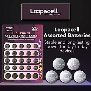 Loopacell High Power Button Cell 3V Lithium Assorted Battery CR2032 CR2025 CR2450 CR1620 CR1632, 25 Piece Set