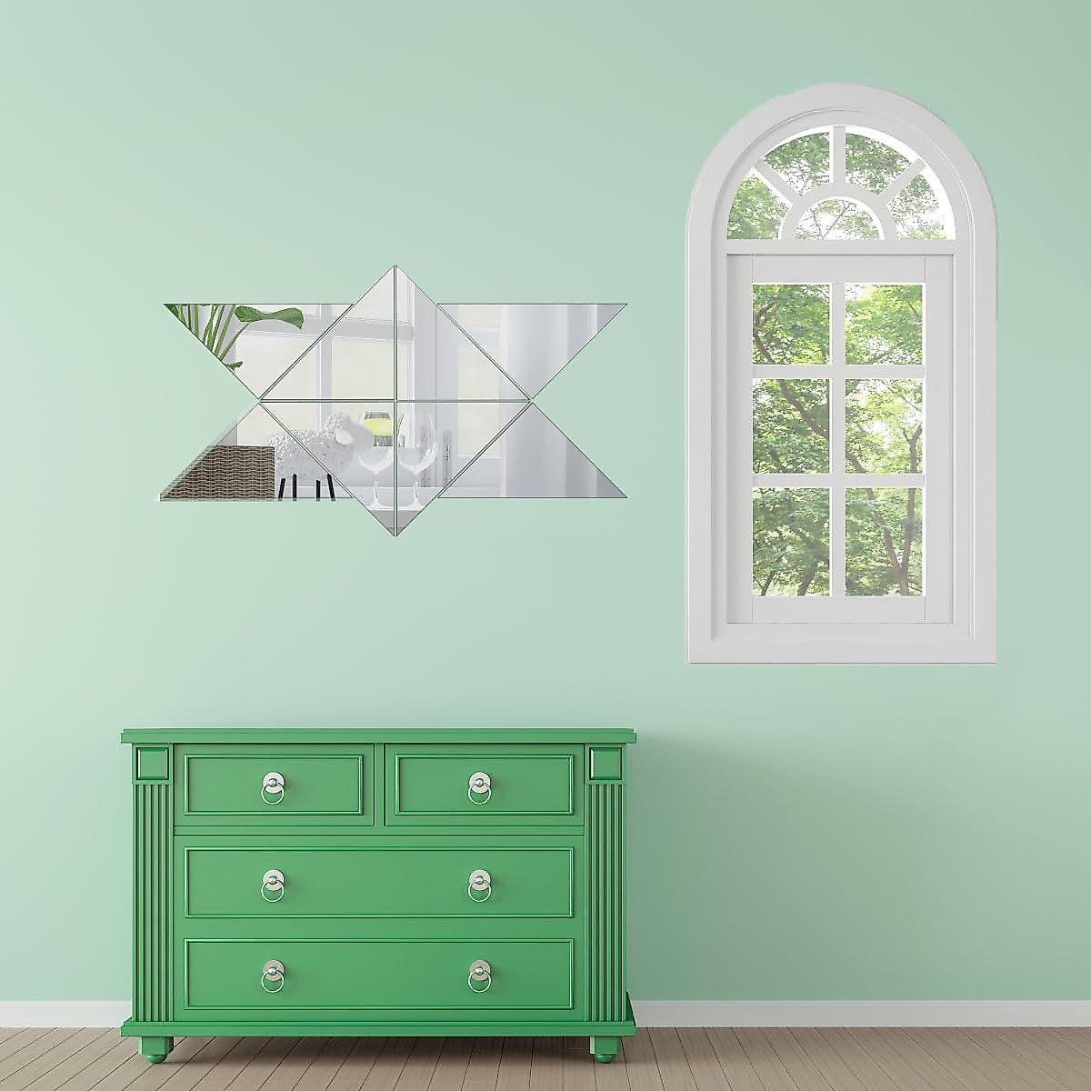 YUZUCMCM 8 pcs Triangular Mirror Tiles Acrylic Flexible Plastic Mirror Sheets Wall Mounted Mirrors Frameless Full Body Mirror Tiles for Bedroom Home Gym Bathroom