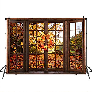 Mocsicka Fall Window Backdrop 7x5ft Autumn Maple Forest Fall Backdrops for Photography Fall Natural Scenery Background for Thanksgiving Day Party Decorations