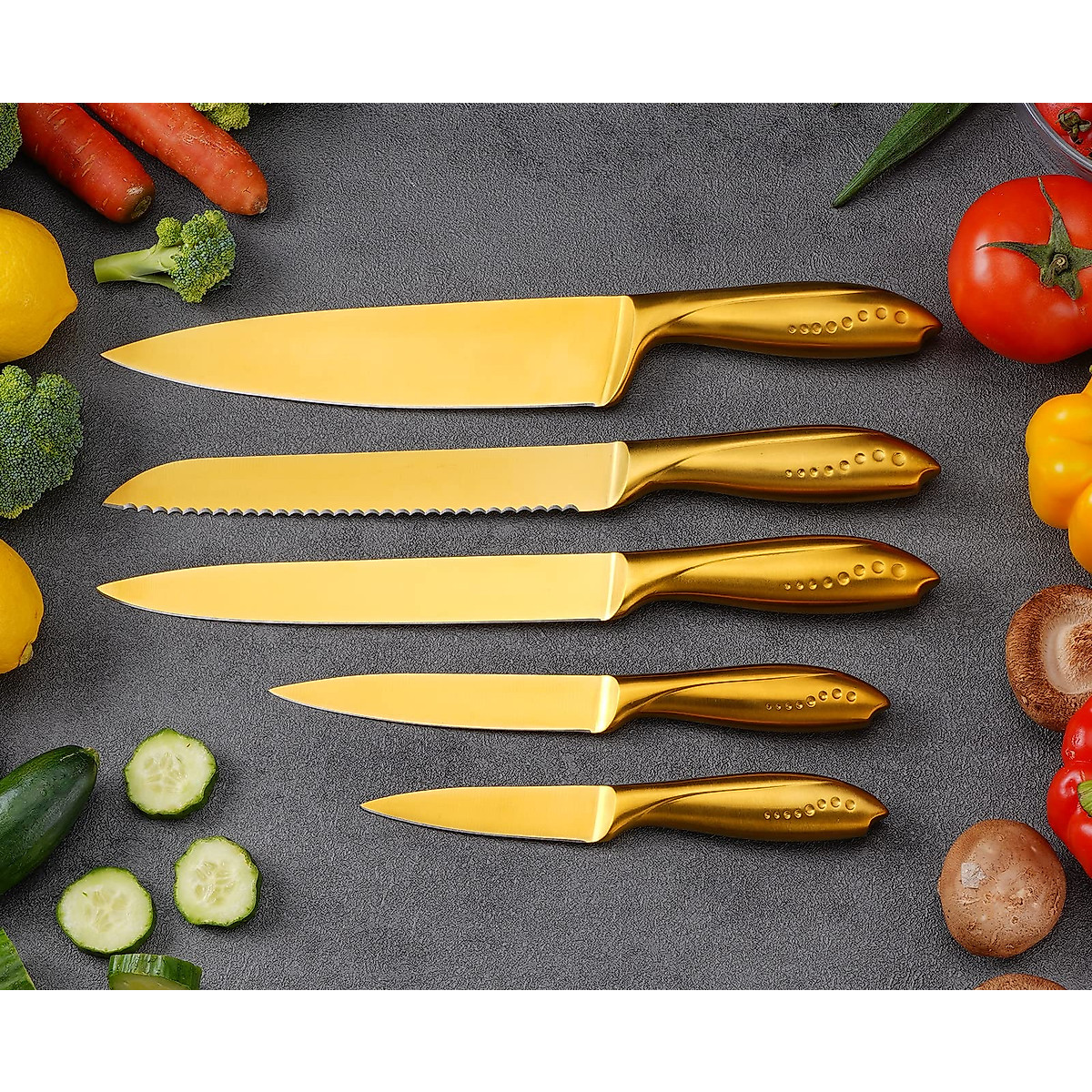 Golden Kitchen Knife Set 5 Piece WELLSTAR, Razor Sharp German Stainless Steel Blade and Ergonomic Handle with Gold Titanium Coated, Chef Carving Bread Utility Paring for Cutting and Peeling - Gift Box