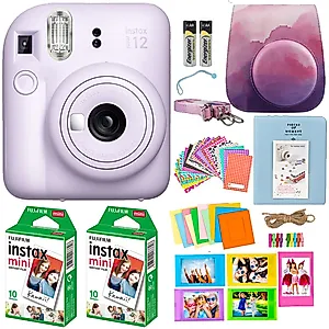 Fujifilm Instax Mini 12 Instant Camera with Fujifilm Instant Mini Film (20 Sheets) with Accessories Including Compatible Case with Strap, Photo Album, Stickers, Frames Bundle (Lilac Purple)