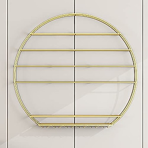 Gold Round Wall-Mounte Wine Rack ， Bar Restaurant Kitchen Wine Bottle Storage Shelf ，Hanging Wine Glass Holder Suspended Stemware Floating Organizer Shelves