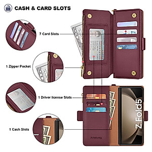 Antsturdy for Samsung Galaxy Z Fold 5 case Wallet Women with 【S Pen Holder】,Galaxy Z Fold5 Phone case with Card Holder Strap PU Leather RFID Blocking Flip Folio Cover Credit Card Slots Men,Wine Red