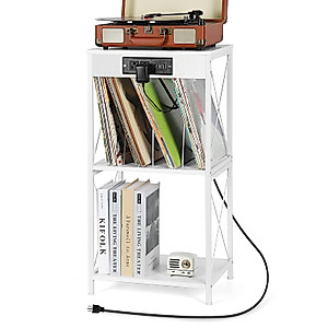 BTY White Record Player Stand with Charging Station and USB Ports, Wooden Turntable Stand with Record Storage 3 Tier Record Player Cabinet Holds Up to 90 Albums for Living Room Bedroom Office