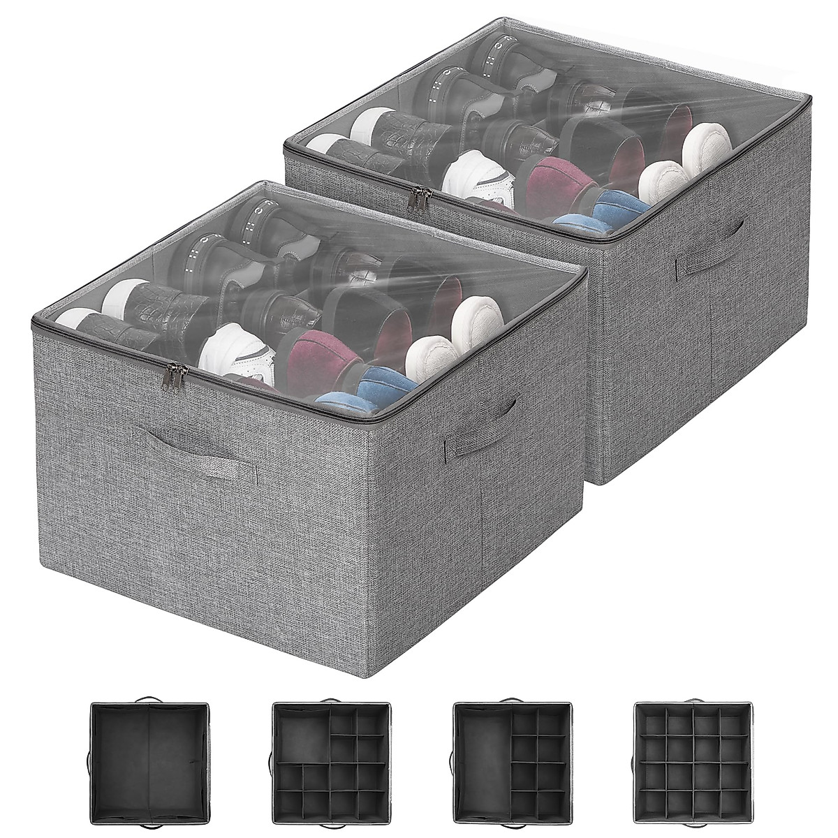 WELTRXE 2 Pack Shoe Organizer for Closet, Fits up to 32 Pairs, Small Space Shoe Storage Boxes Bins Containers w/Adjustable Dividers, Space Saving Shoes Holder W/Reinforced Handles, Gray