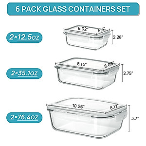 Vtopmart 2.26L/76oz Extra Large Glass Food Storage Containers with Lids, 6 pack Meal Prep Container Set, Airtight Container Bento Boxes with Snap Locking Lids for Microwave, Oven, Freezer, Dishwasher