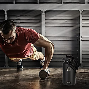 Water Bottle 64 oz with Paracord Handle & Cleaning Brush, Half Gallon Double Wall Vacuum Metal Stainless Steel Insulated Water Flask Jug with 2 Lids and Carrying Pouch, Leakproof and BPA-Free, Black