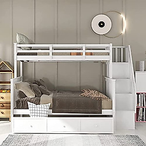 Harper & Bright Designs Twin Over Full Bunk Bed with Stairs, Solid Wood Stairway Bunk Bed with Storage Drawers for Kids Teens Adults, Bedroom, Dorm (White)