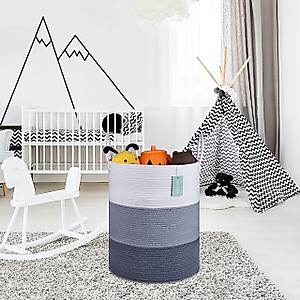 BOSROTY Large Laundry Hamper Basket for Girls Boys Kids 65L, Nursery Hamper, Tall Blanket Basket, Clothes Basket Laundry, Woven Basket, Cotton Rope Basket, Toy Basket, 16”x 20”, White & Gray