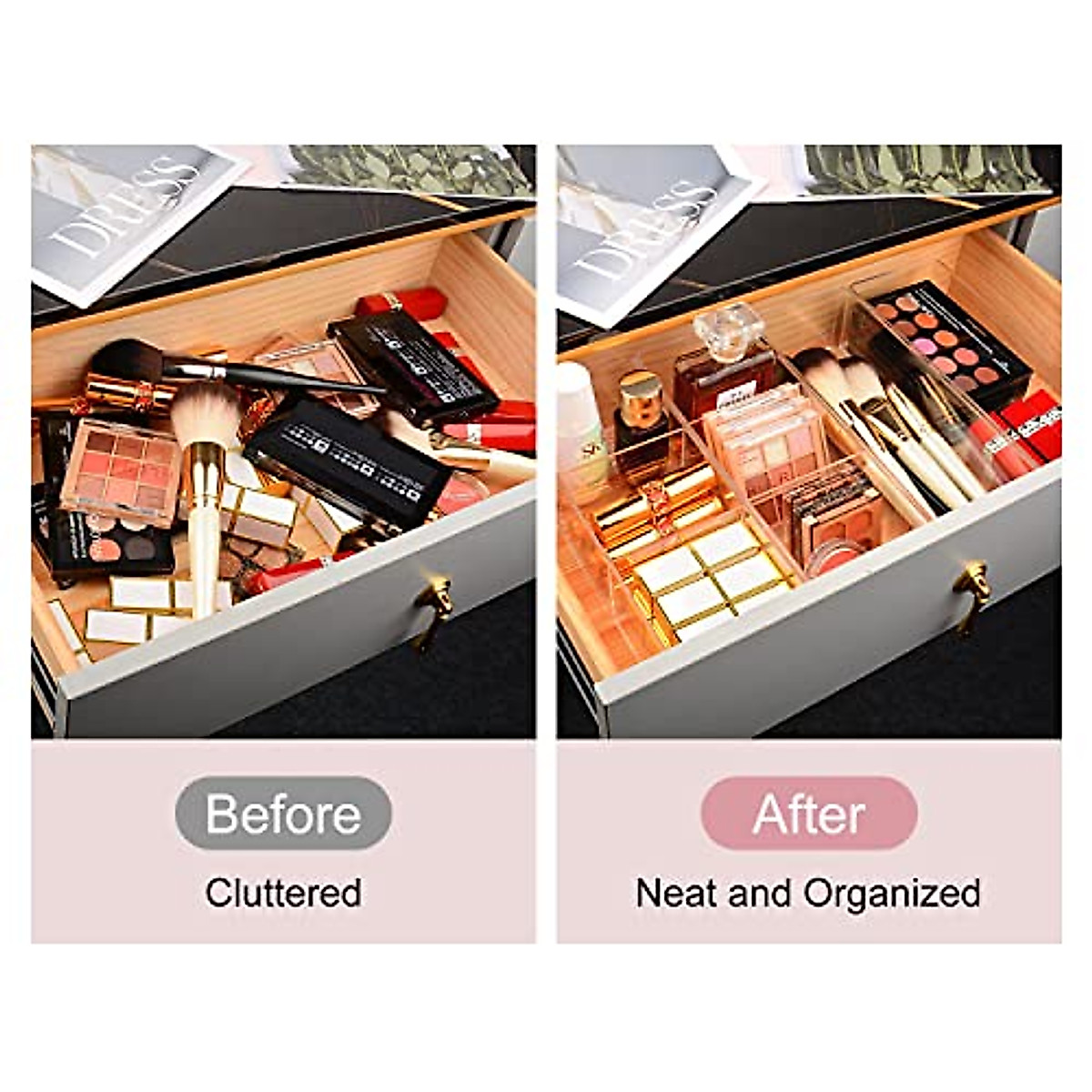 JessLab Acrylic Organizer, 2PK Cube Sections Makeup Organizer for Drawer, Makeup Organizer for Vanity, Countertop, Bathroom, Kitchen and Cabinet Storage(3+3 Compartment)