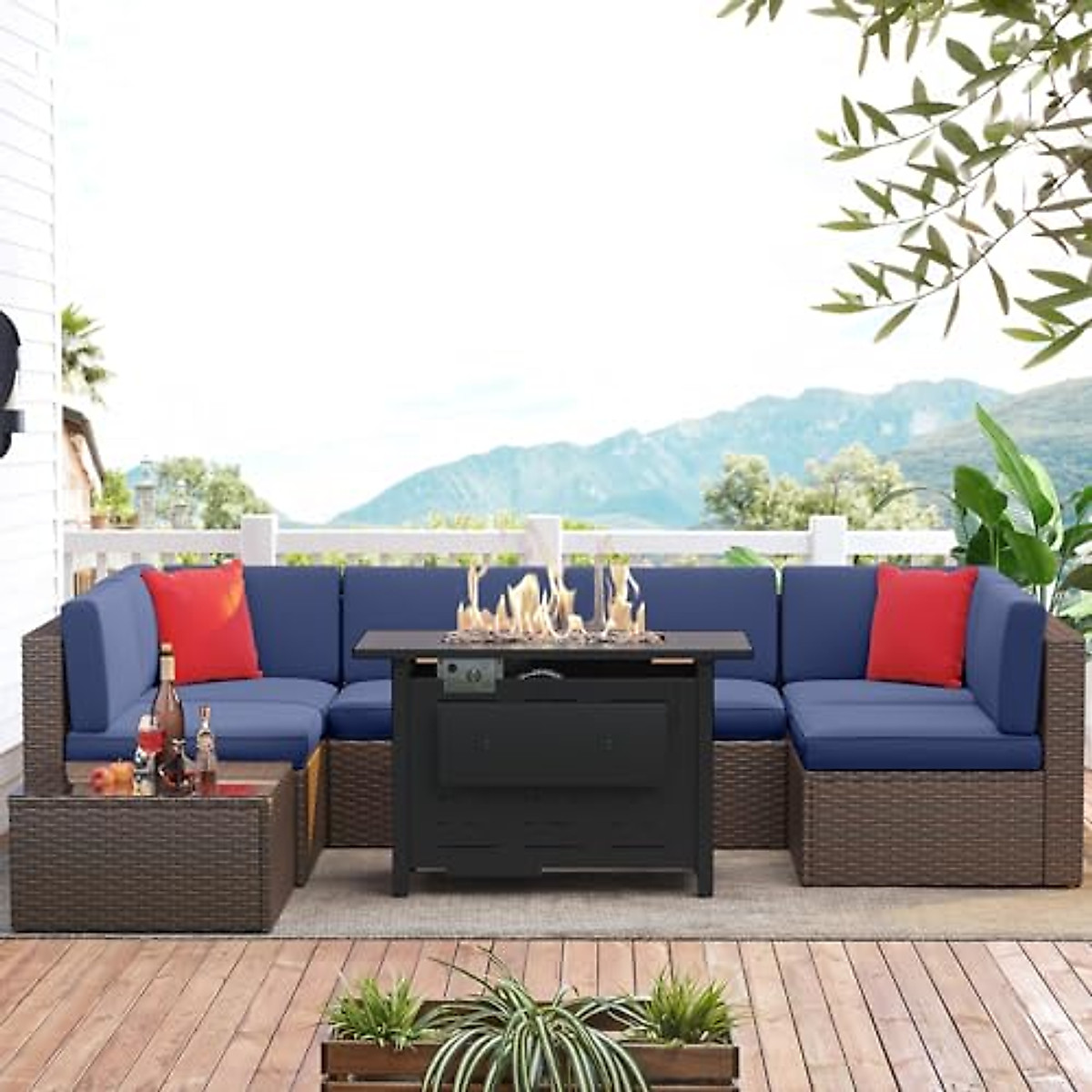 Aoxun 8-Piece Patio Furniture Set with 40” Metal Fire Pit Table Wicker Rattan Conversation Set Outdoor Sectional Sofa Removable Cushions and Tempered Glass Coffee Table Suitable for Small Size (Blue)