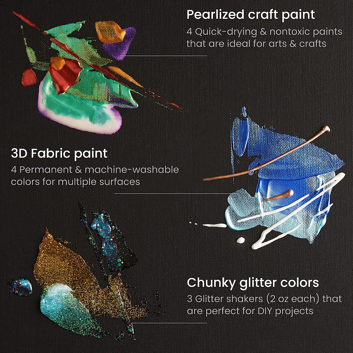 Arteza Acrylic Pouring Paint Kit, 36 Pieces, Bright and Iridescent Pouring Paint, Pearlized Paint, 3D Fabric Paint, Chunky Glitter, Wood Slices, Canvases, and Foam Brushes, Art Supplies for Painters