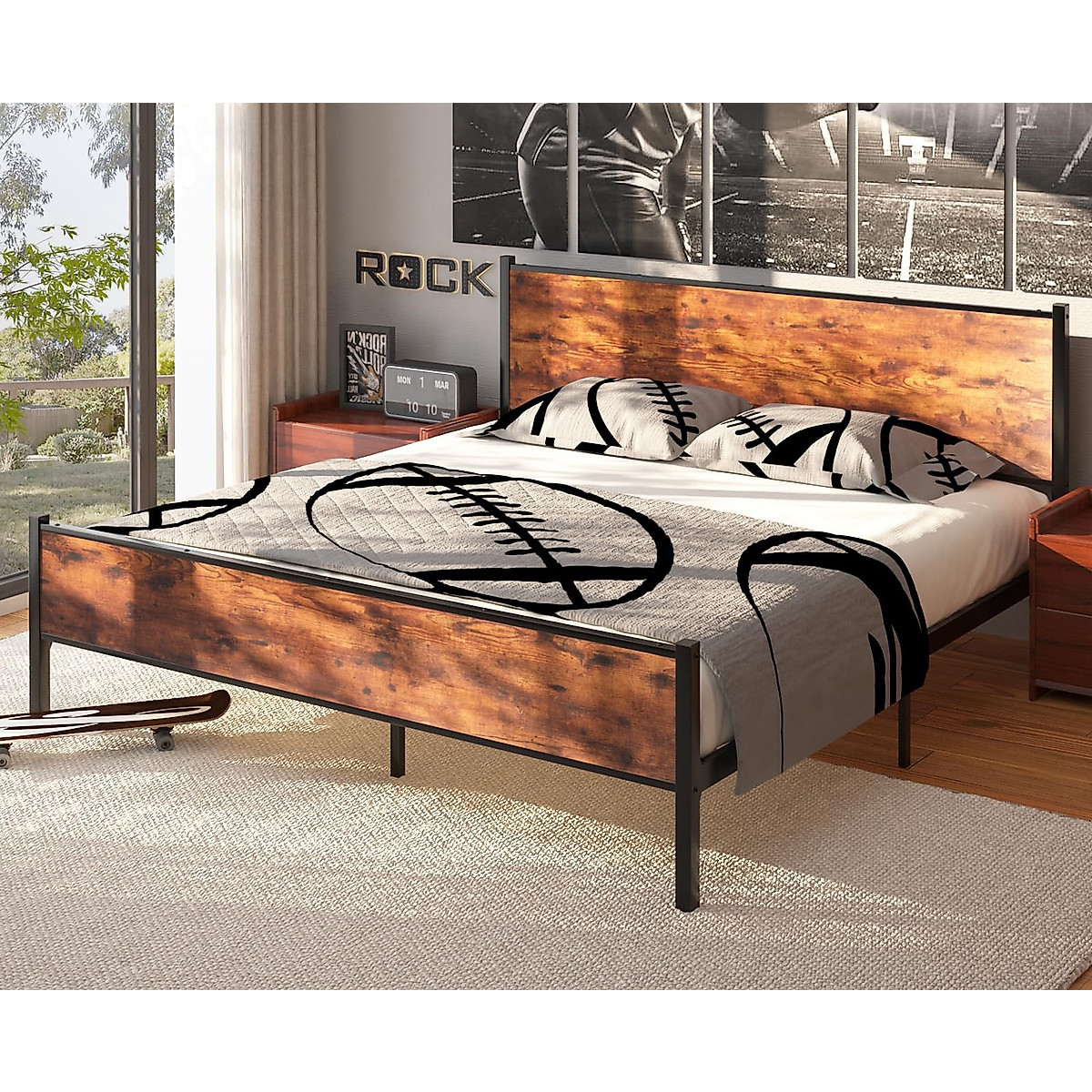 Wokerwie Full Size Wood Platform Bed Frame, with Retro Wooden Headboard and Footboard, Stable Metal Frame Support, No Box Spring Needed, Large Under Bed Storage, Easy Assembly, Noise Free, Brown