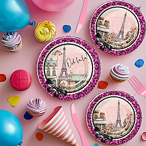 YJRJSC Eiffel Tower Paris Party Decorations Girl - Paris Theme Party Tableware, Paper Plate, Napkin, Tablecloth, Disposable Fork, Paris Birthday Baby Shower Bridal Weddings Party Supplies | Serves 24