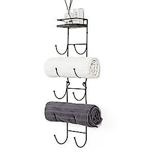 SODUKU Towel Rack Multifunctional Wall Mount Towel Wine Rack with Top Shelf Metal Towel Racks Storage Organizer Holder for Bathroom Bath Kitchen Black