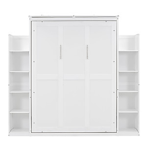BIADNBZ Full Size Murphy Bed with Storage Shelves and LED Lights,Solid Wood Wall Bedframe for Guestroom, Home Office,White