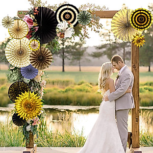 ADLKGG Party Hanging Paper Fans Set, Black Gold Round Pattern Paper Garlands Decoration for Birthday Wedding Bridal shower Graduation Events Accessories, Set of 16